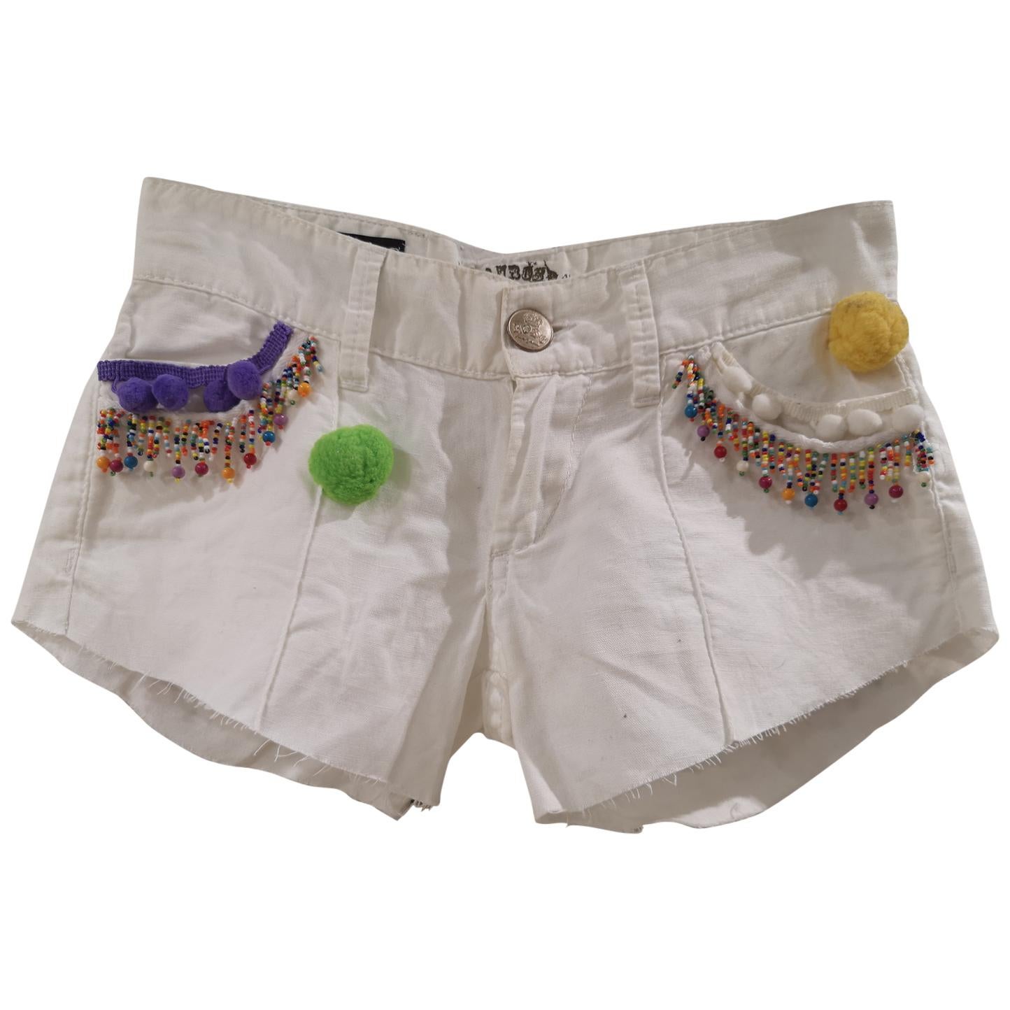 SOAB White cotton beads and pon pon handmade shorts For Sale at 1stDibs