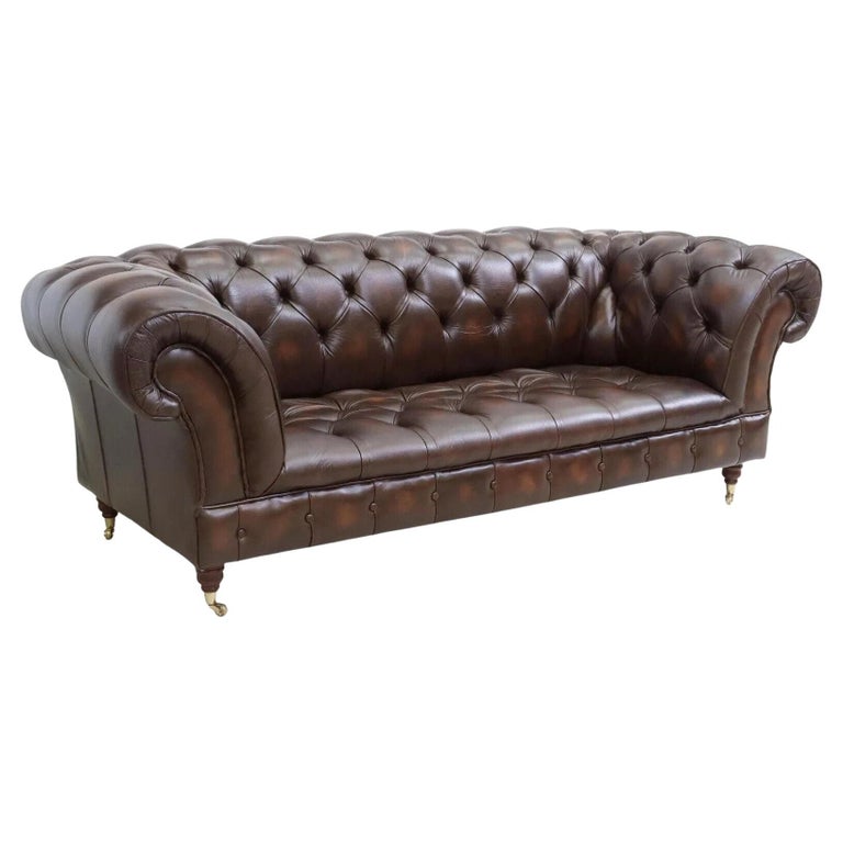 Sofa, Leather, Brown, English Chesterfield Style, Nailhead, Rolled Arms ...