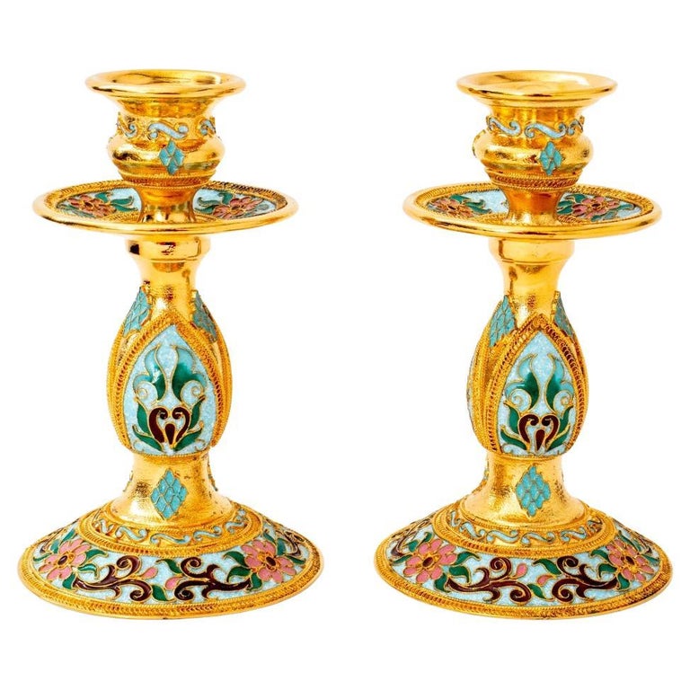 Sofrino Russian Enamel Candlesticks, 1990s For Sale at 1stDibs