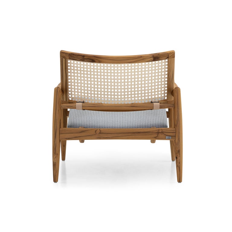 Soho Curved Cane-Back Chair in Teak and Gray Plaid Fabric For Sale at ...