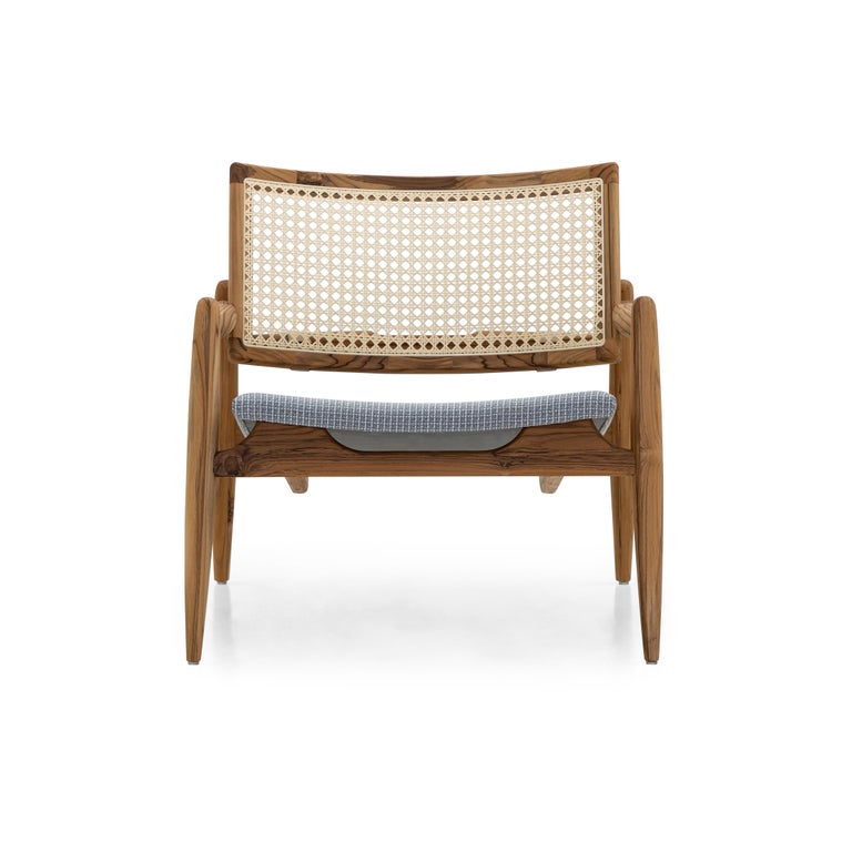 Soho Curved Cane-Back Chair in Teak and Gray Plaid Fabric For Sale at ...