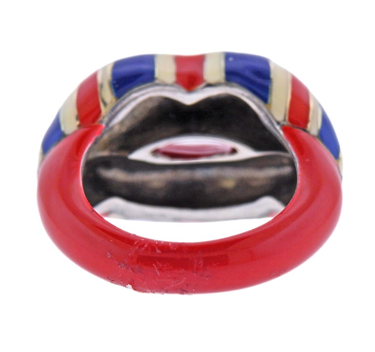 Solange Azagury Partridge Union Jack Enamel Silver Lips Ring For Sale ...