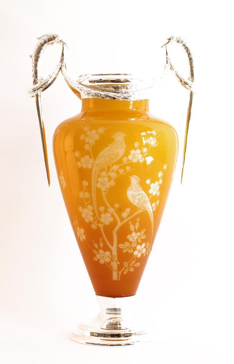 Soleil _ French Cameo Glass Signed Two Handle Vase Silver Mounted ...