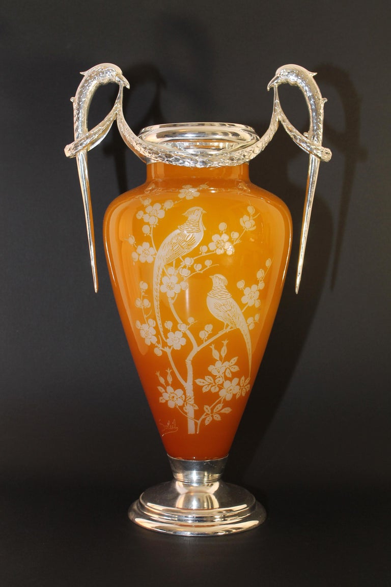 Soleil _ French Cameo Glass Signed Two Handle Vase Silver Mounted ...