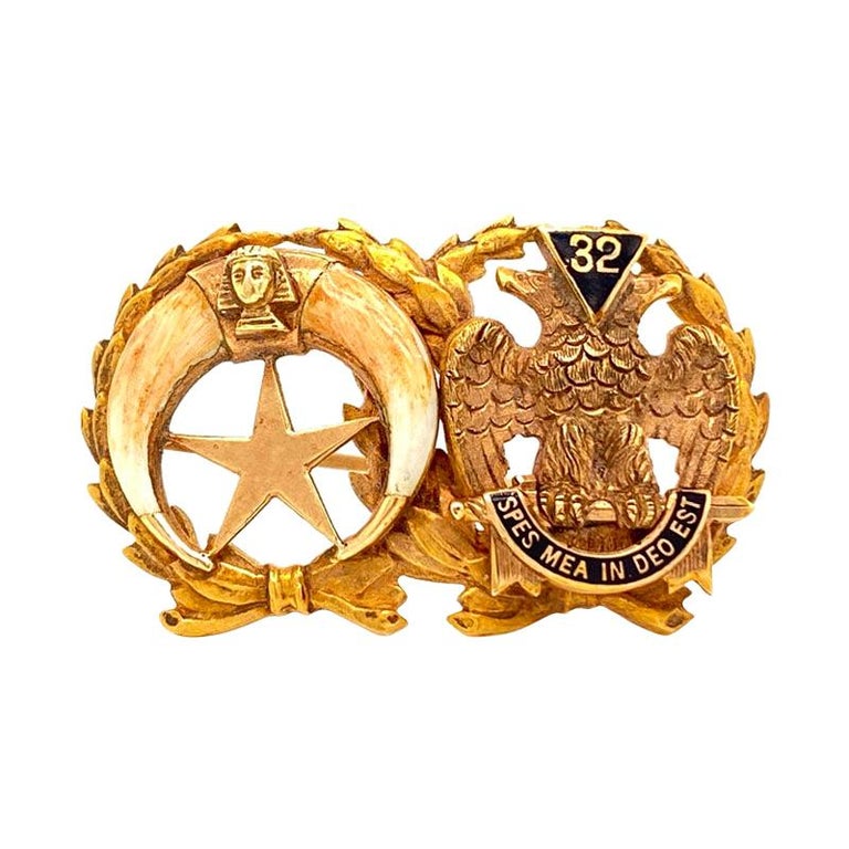 Solid 14 Karat Gold Masonic Shiners Shield and 32nd Degree Mason Pin 8. ...