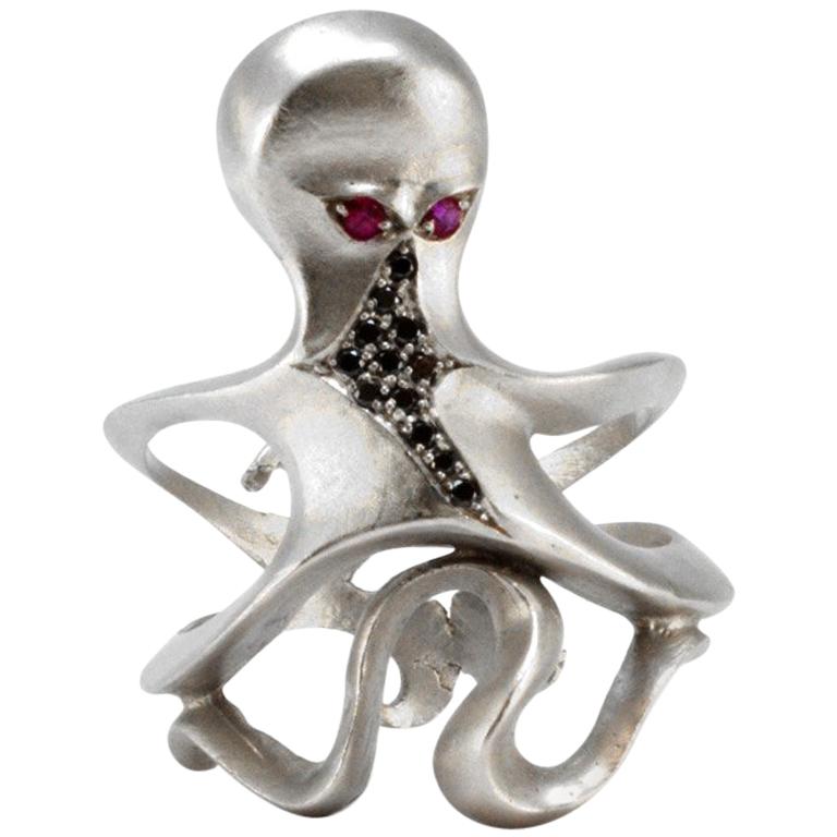Solid 14 Karat White Gold Octopus Ring Ruby and Black Diamonds For Sale ...