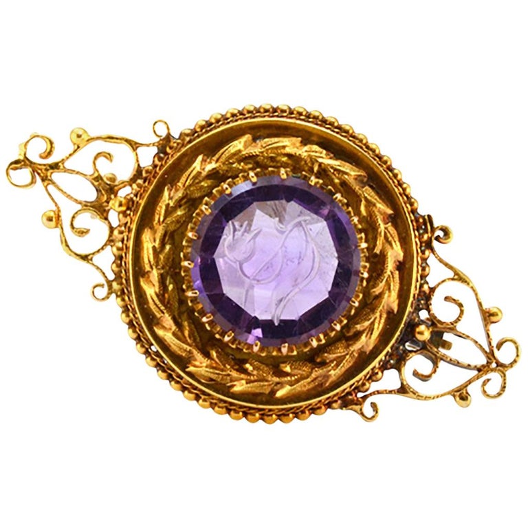 Solid 14 Karat Yellow Gold Genuine Amethyst Antique Pin at 1stDibs