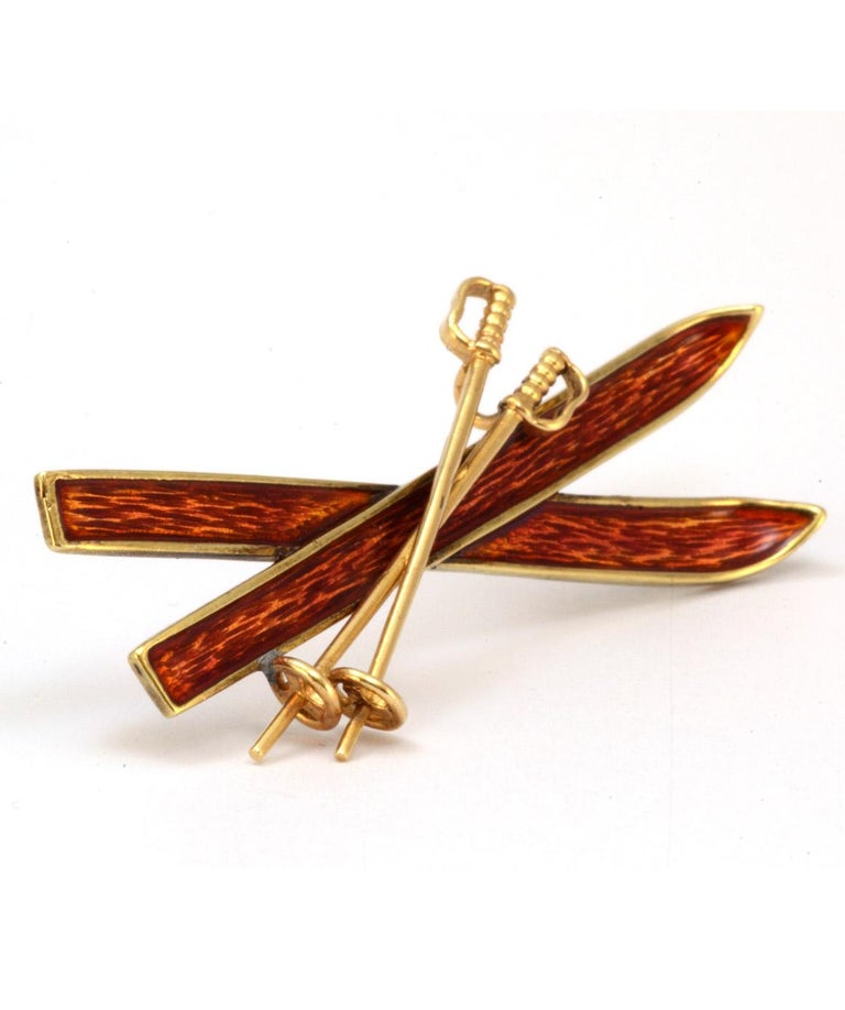 Solid 14 Karat Yellow Gold Genuine Enamel Ski Brooch For Sale at 1stDibs