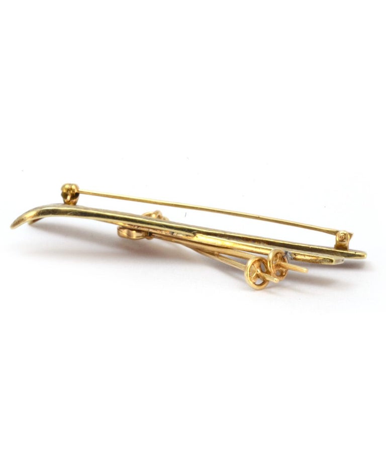 Solid 14 Karat Yellow Gold Genuine Enamel Ski Brooch For Sale at 1stDibs