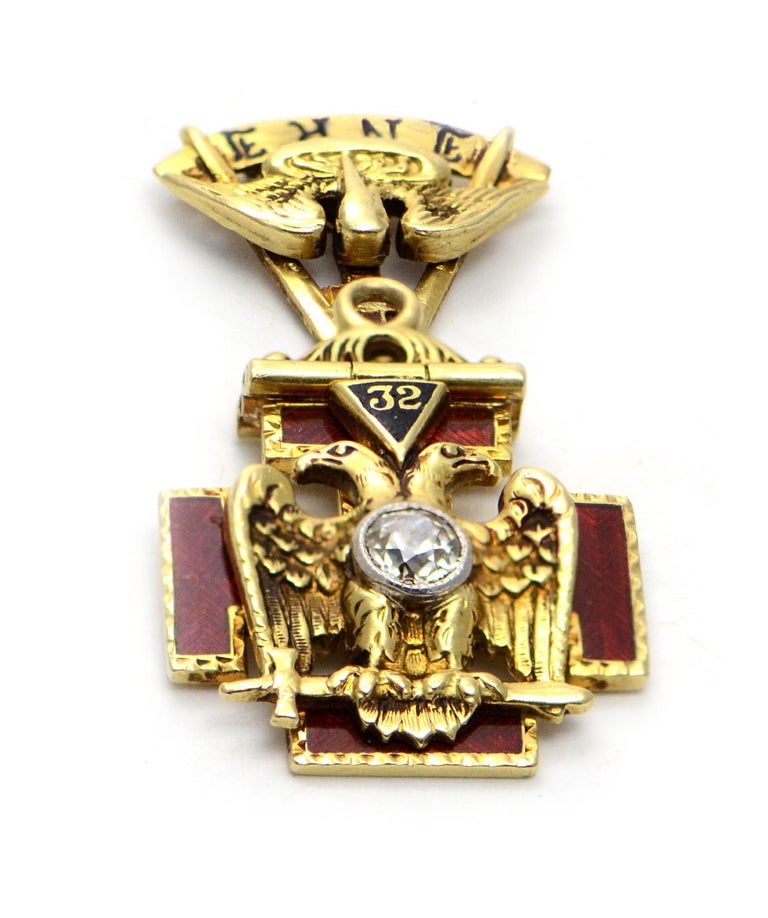 Solid 14 Karat Gold 32nd Masonic, Genuine Diamond and Enamel Pendant, 6 ...