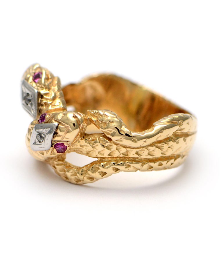 Solid 14 Karat Yellow Gold Snake Ring with Genuine Ruby and Diamonds 13 ...