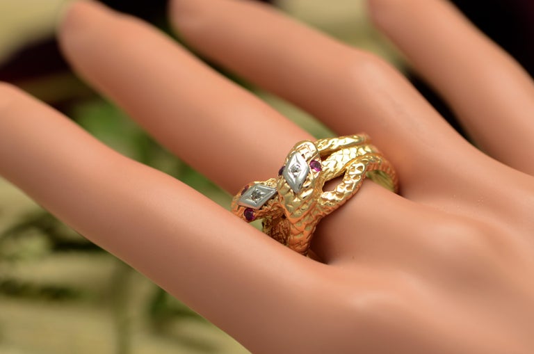 Solid 14 Karat Yellow Gold Snake Ring with Genuine Ruby and Diamonds 13 ...