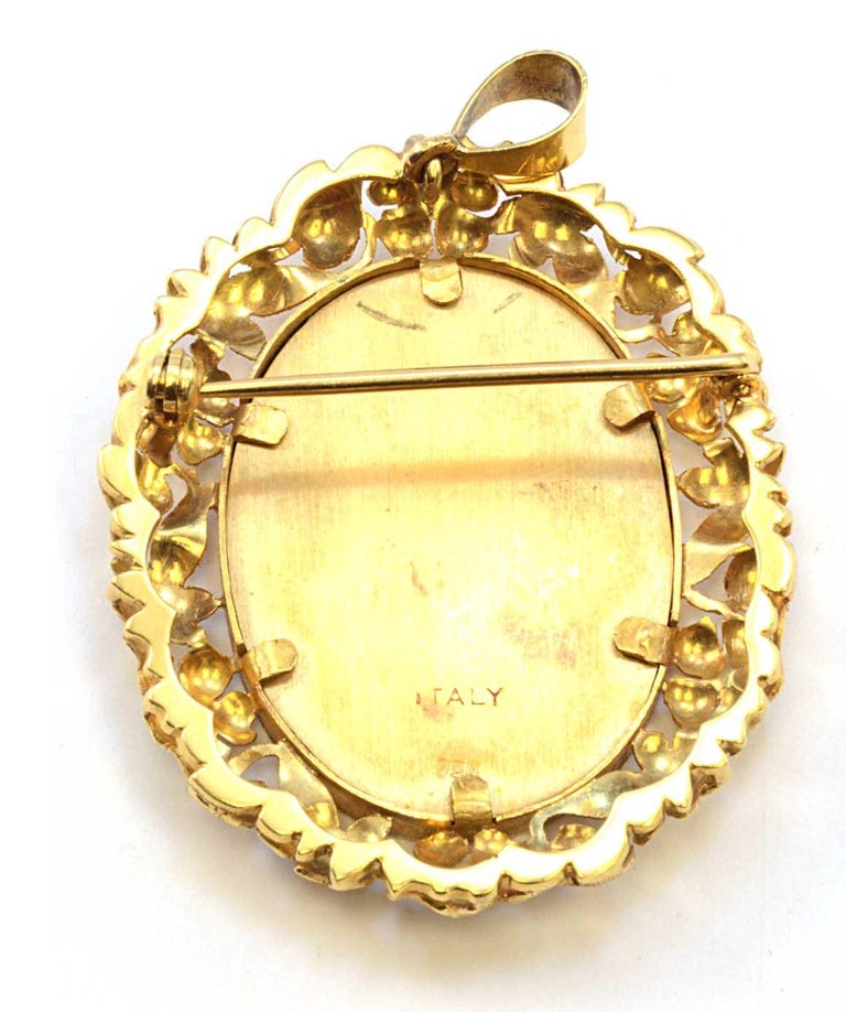 Solid 18 Karat Gold Hand-Painted Lady Portrait Brooch with Natural ...
