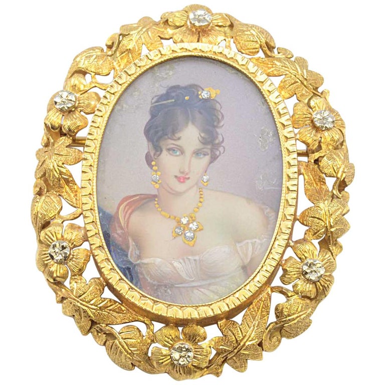 Solid 18 Karat Gold Hand-Painted Lady Portrait Brooch with Natural ...