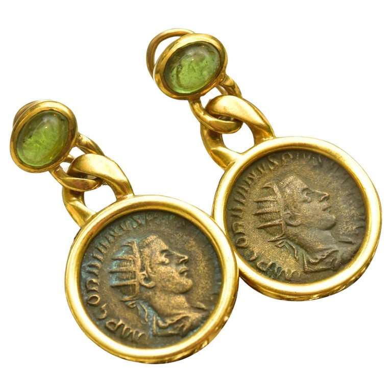 Solid 18k Ancient Greek Coin and Aventurine Dangle Earrings For Sale at ...