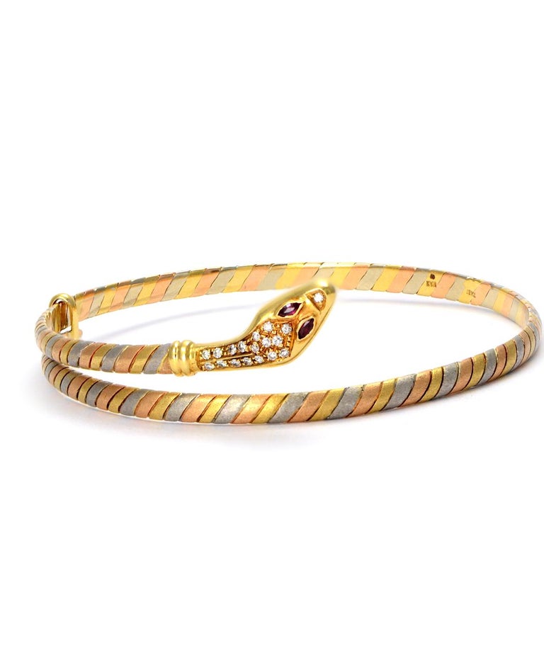 Solid 18K Tri-Tone Gold and Genuine Diamond and Ruby Snake Bangle ...
