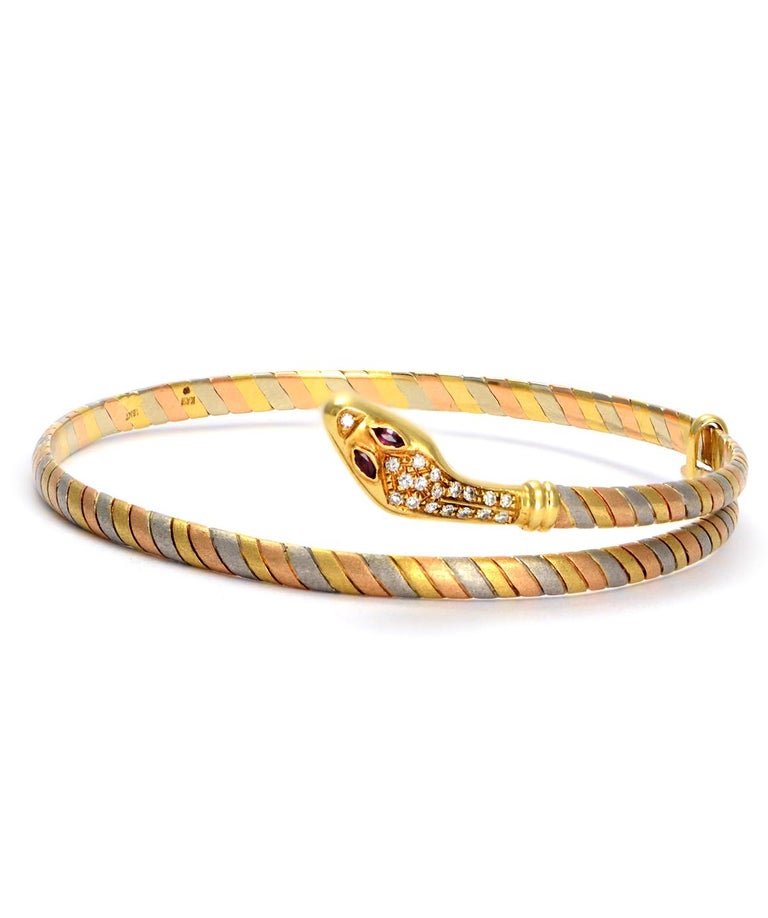 Solid 18K Tri-Tone Gold and Genuine Diamond and Ruby Snake Bangle ...