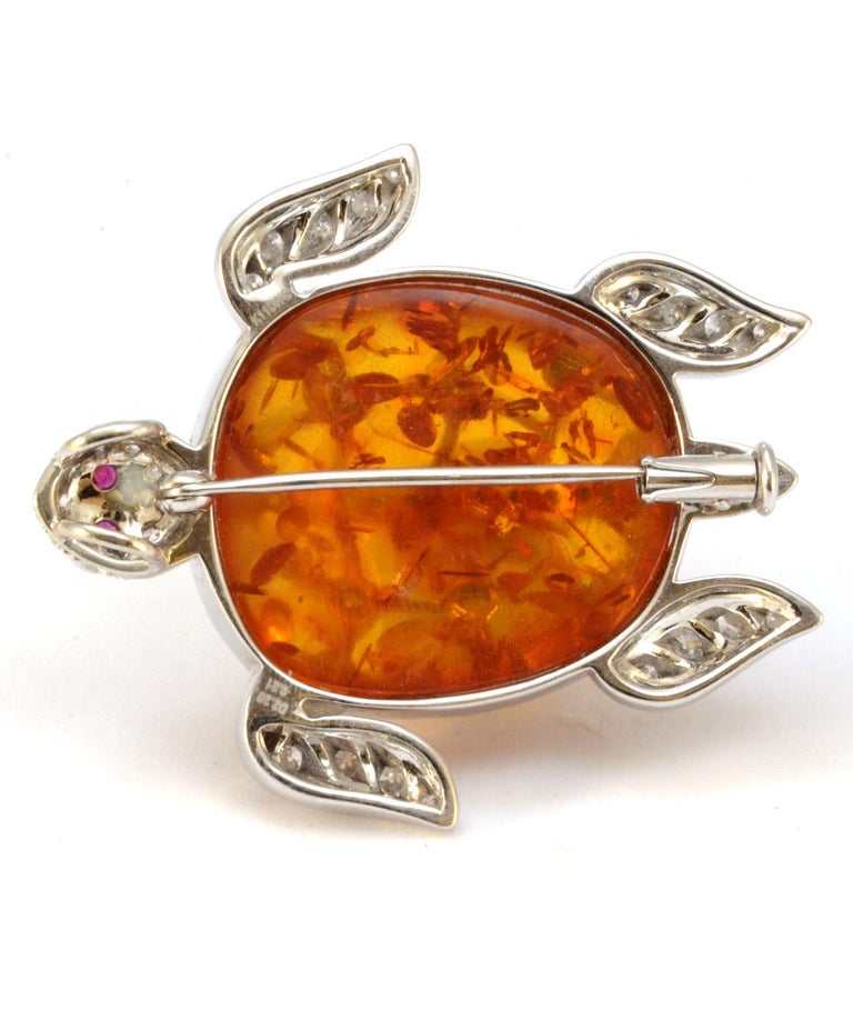 Solid 18K White Gold Amber, Genuine Diamond and Natural Ruby Turtle ...