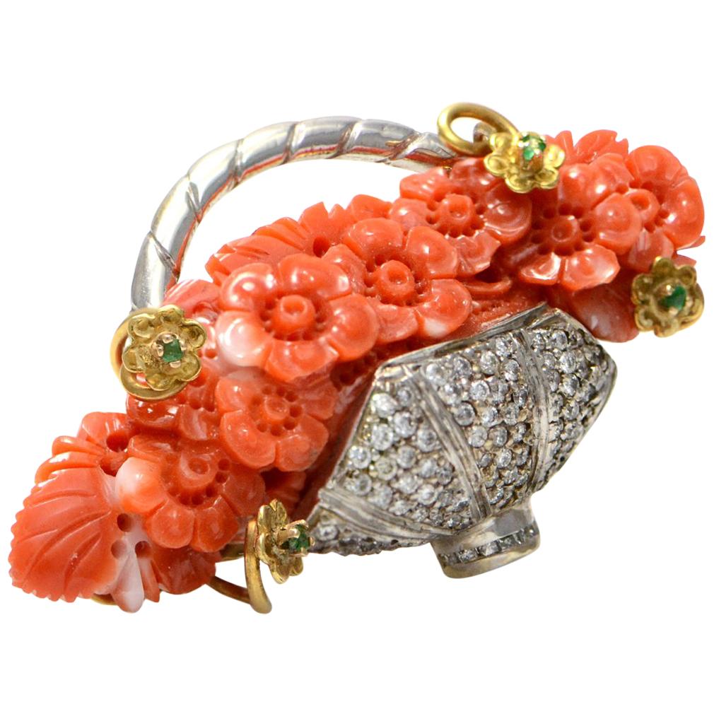 Solid 18K Yellow Gold and 14K White Gold Genuine Diamond, Coral and ...