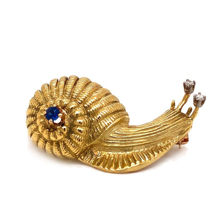 Solid 18 Karat Yellow Gold Diamond and Sapphire Snail Pin/ Brooch 13.7g ...