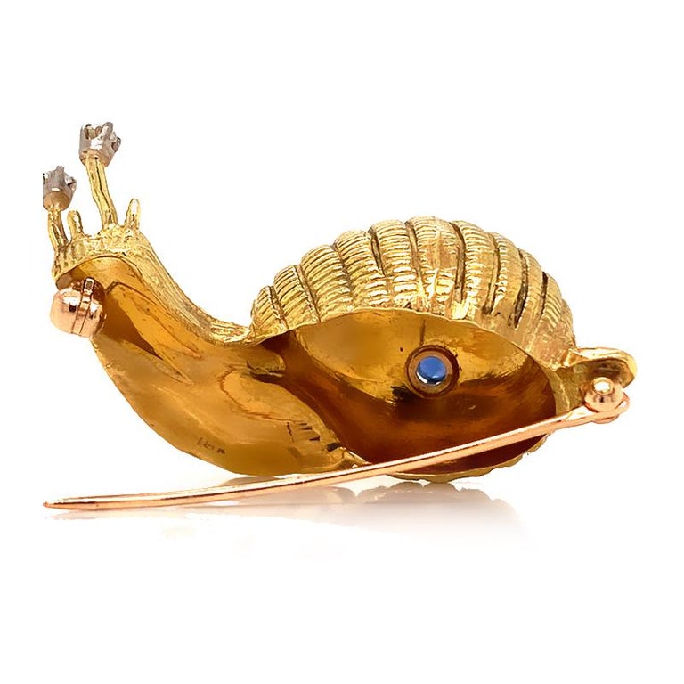 Solid 18 Karat Yellow Gold Diamond and Sapphire Snail Pin/ Brooch 13.7g ...