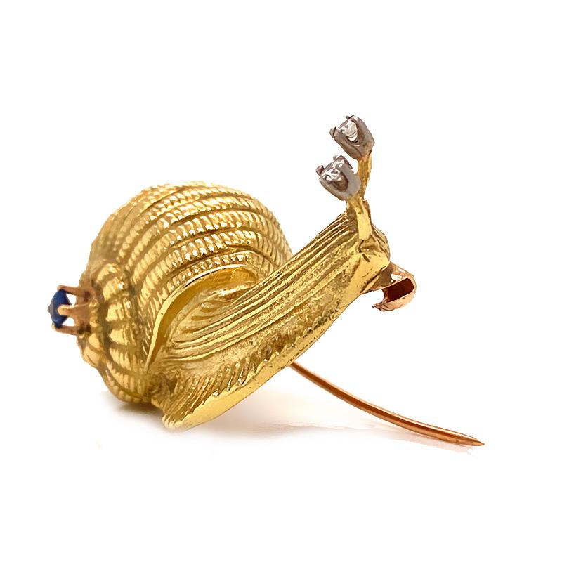 Solid 18 Karat Yellow Gold Diamond and Sapphire Snail Pin/ Brooch 13.7g ...