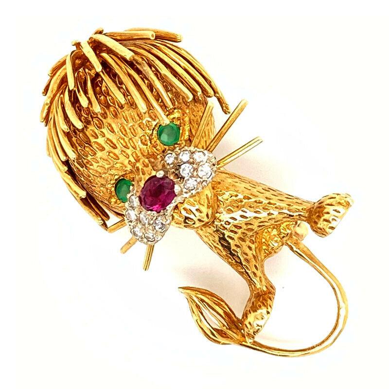 Solid 18 Karat Gold Genuine Ruby, Emerald and Diamond Cartoon Lion ...