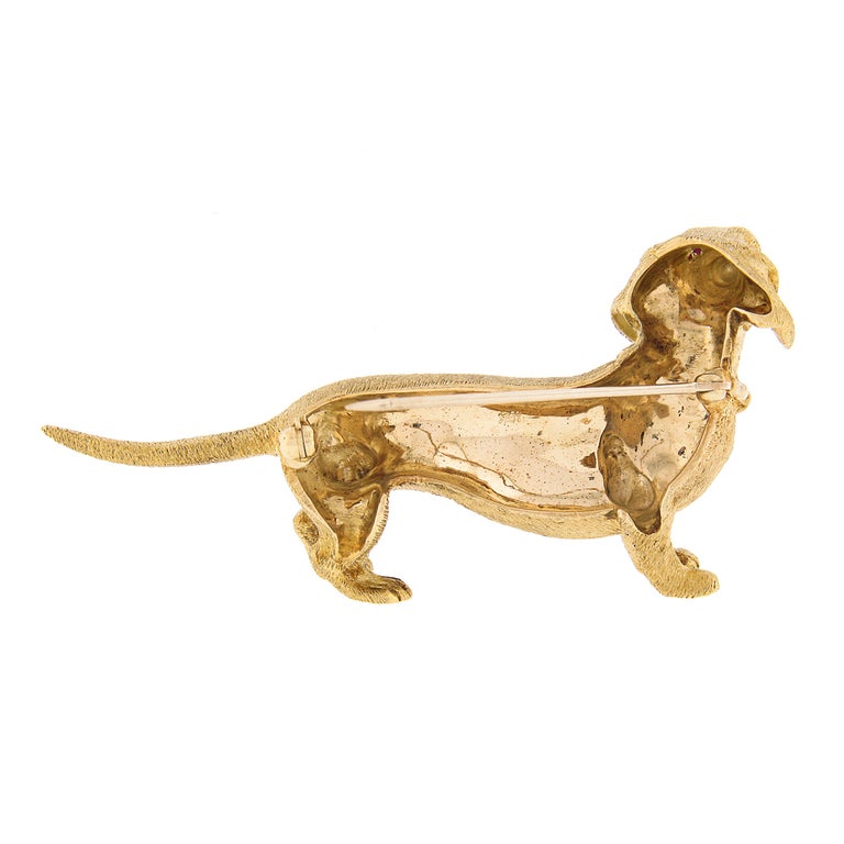 Solid 18k Yellow Gold Pave Ruby Detailed Textured Dachshund Dog Pin ...