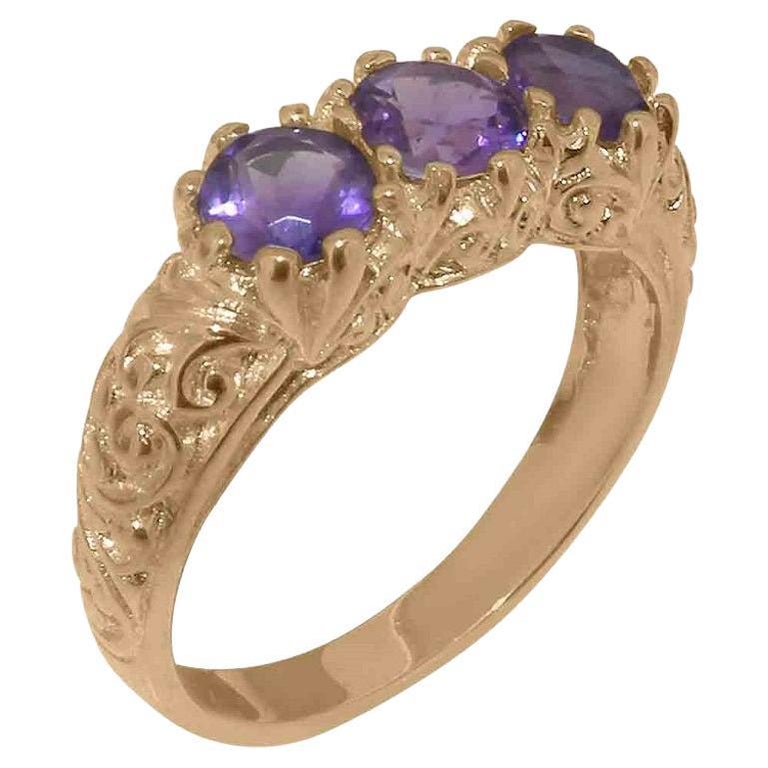 Customizable Solid 9ct Rose Gold Natural Amethyst womens Trilogy Ring ...