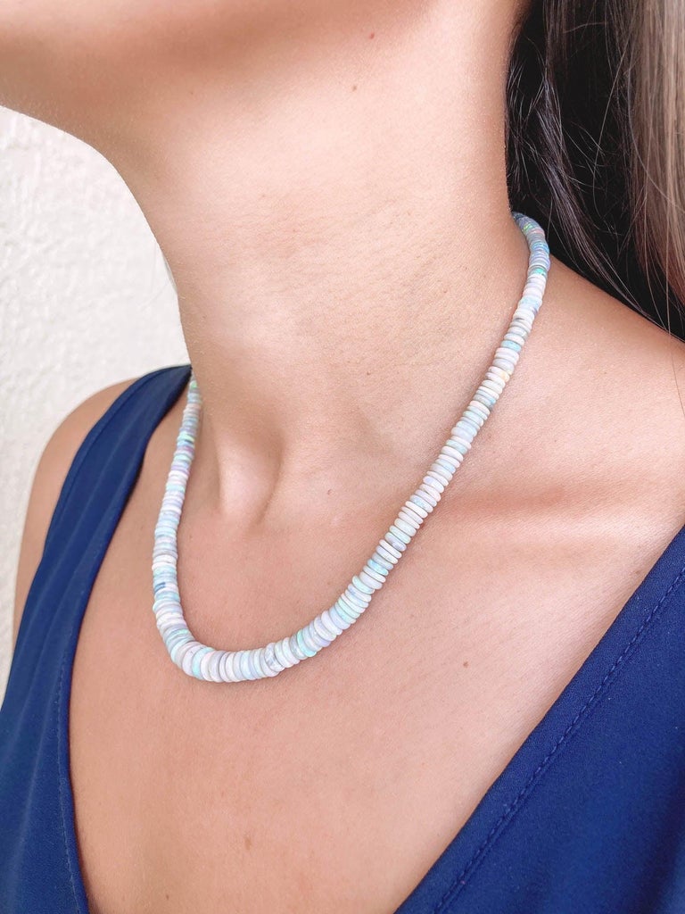 Solid Australian Black Opal Heishi Bead Necklace with 14k Gold Push ...