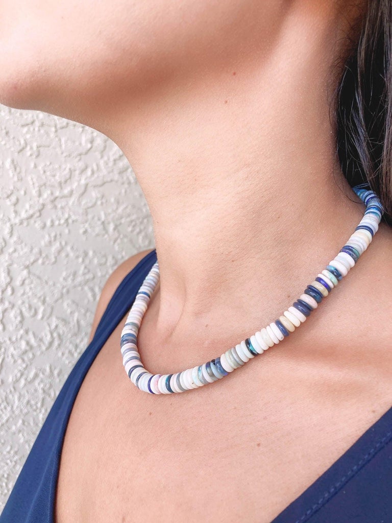 Solid Australian Crystal Black Opal Heishi Bead Necklace 14k Gold Clasp ...