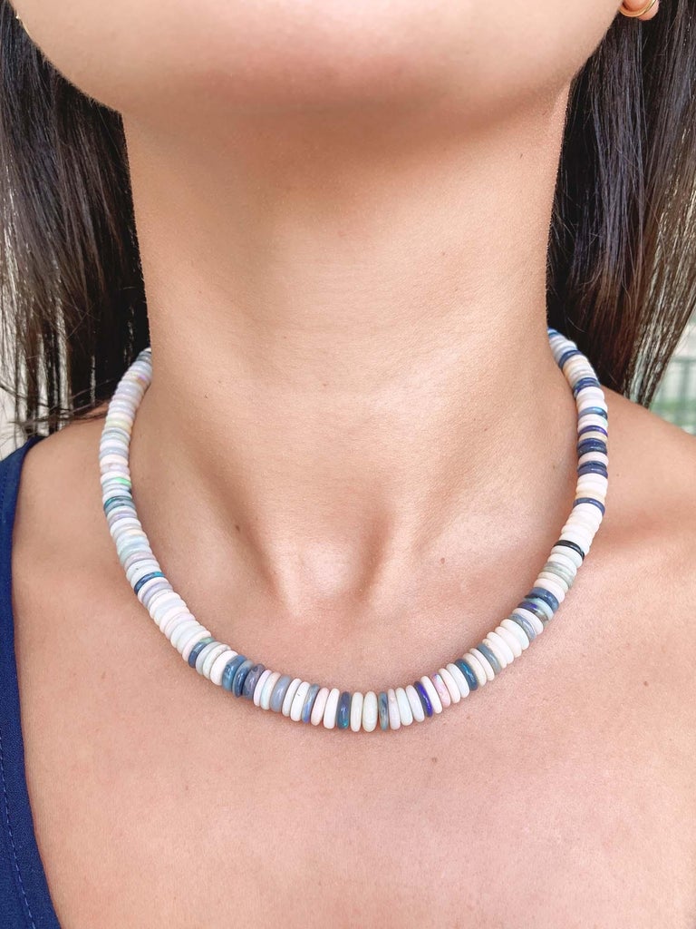 Solid Australian Crystal Black Opal Heishi Bead Necklace 14k Gold Clasp ...