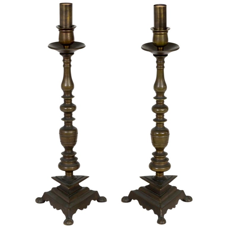 Solid Brass Candlestick Table Lamps w/ Triangular Base 'Pair' For Sale ...