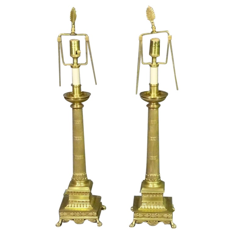 Solid Brass French Regency Fluted Column Lamps with Paw Feet and ...