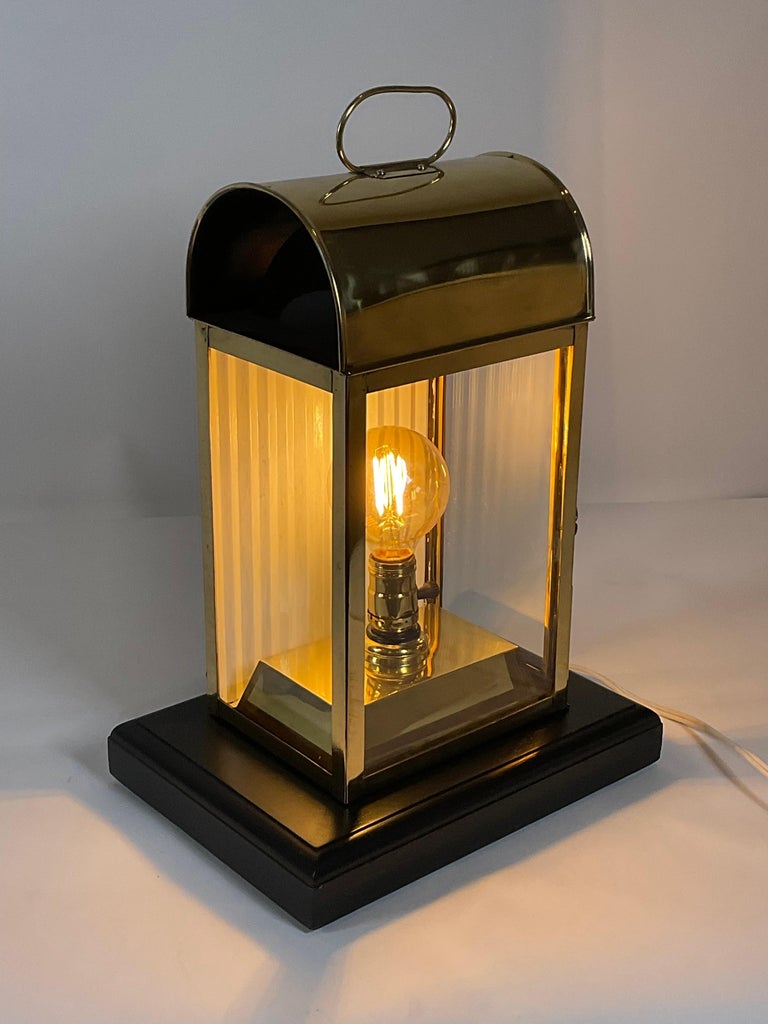 Solid Brass Yacht Lantern on Wood Base For Sale at 1stDibs