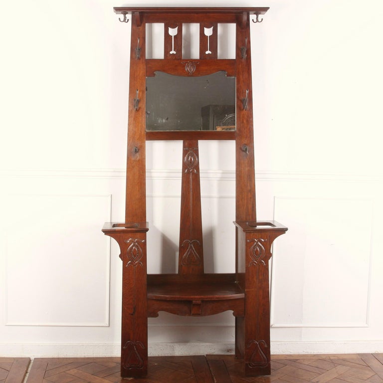 Solid Carved Oak Arts and Crafts Hall Stand with Seat at 1stDibs