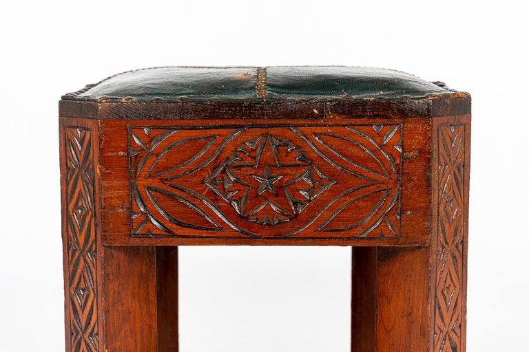 Solid Carved Wood Moroccan Stool with Green Leather, 1950 For Sale at ...