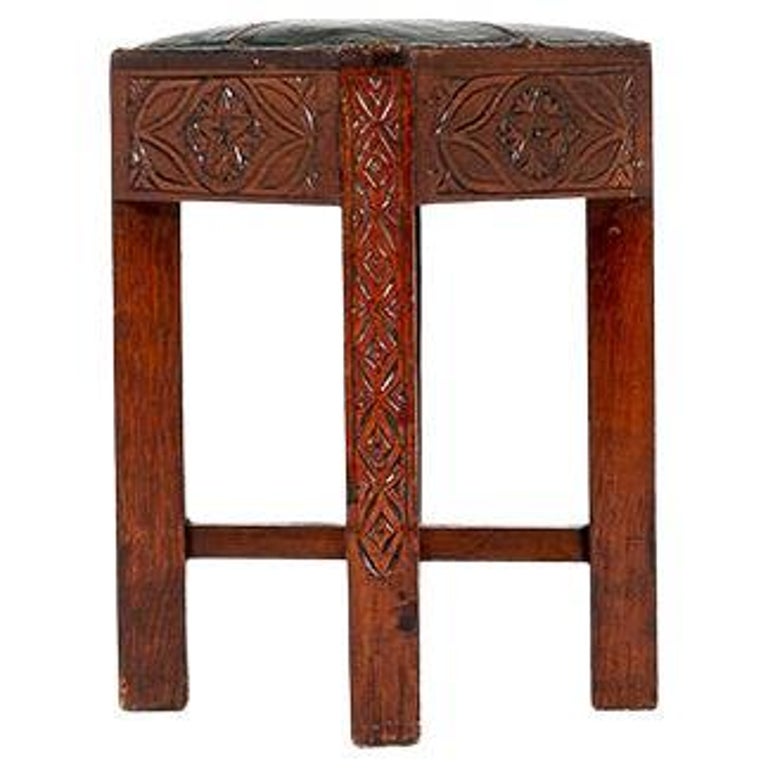 Solid Carved Wood Moroccan Stool with Green Leather, 1950 For Sale at ...
