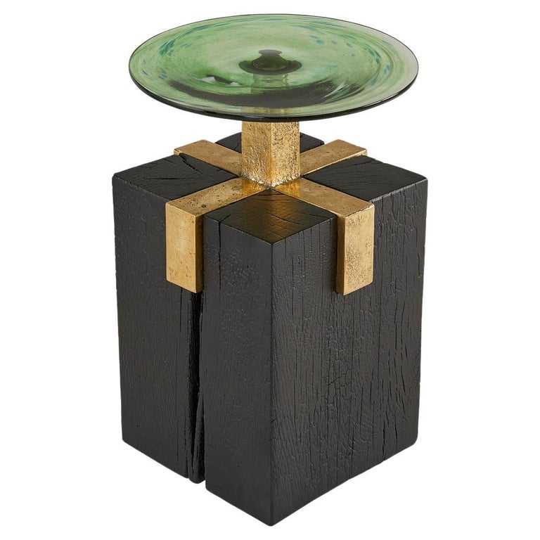 Solid Cast Brass, Shou Sugi Ban Oak Cant and Handblown Glass Cant Side Table For Sale at 1stDibs