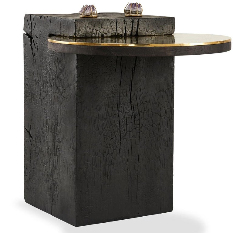 Solid Cast Brass, Shou Sugi Ban Wood Cant and Crystal Jeweled Sherpa Side Table For Sale at 1stDibs