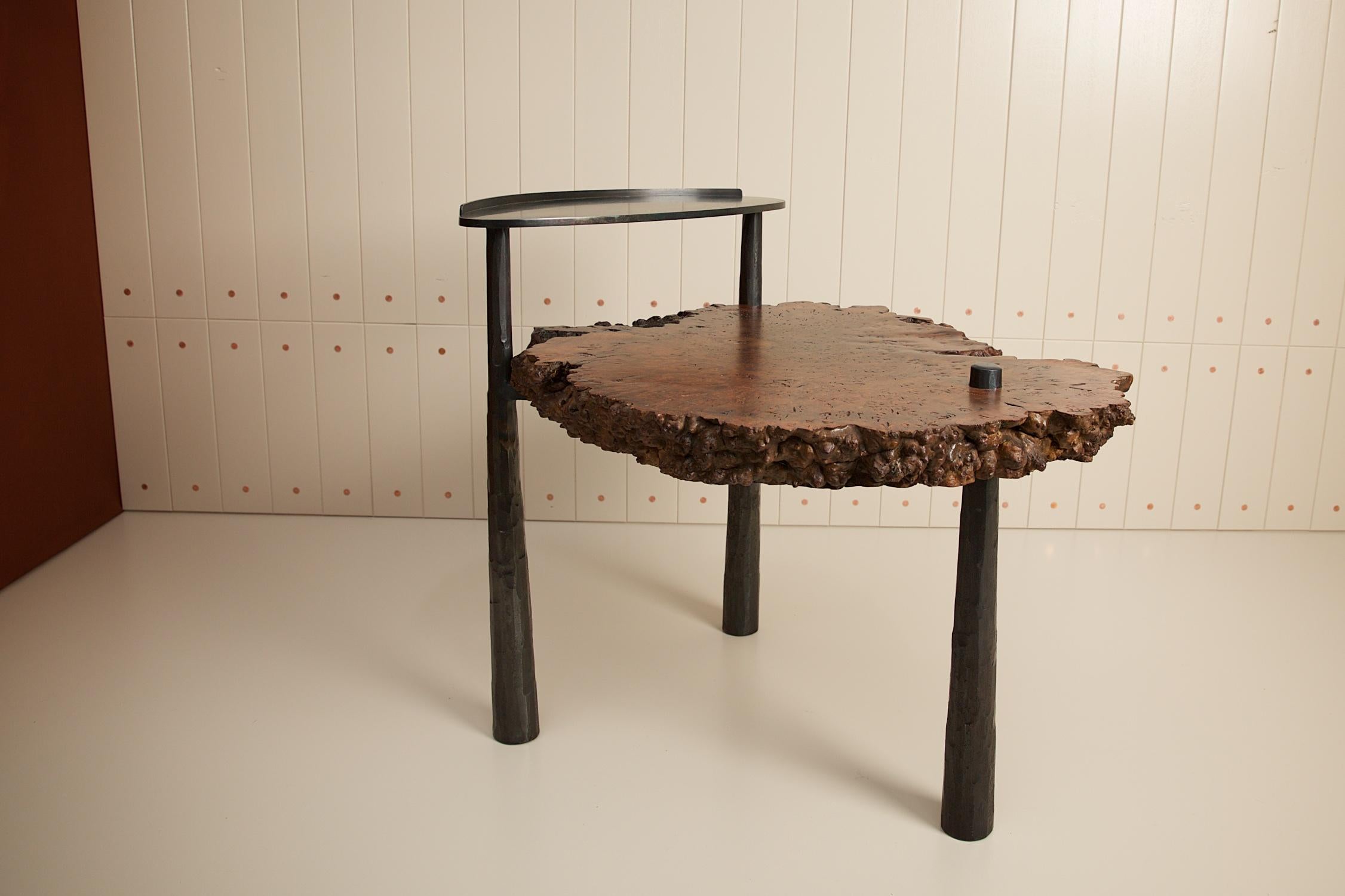 Solid Elm burr and forged steel side table For Sale at 1stDibs