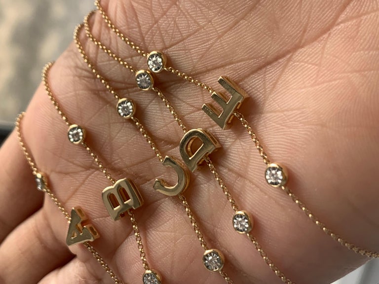 Solid Gold Initial Bracelets with Round Natural Diamonds, Letter ...