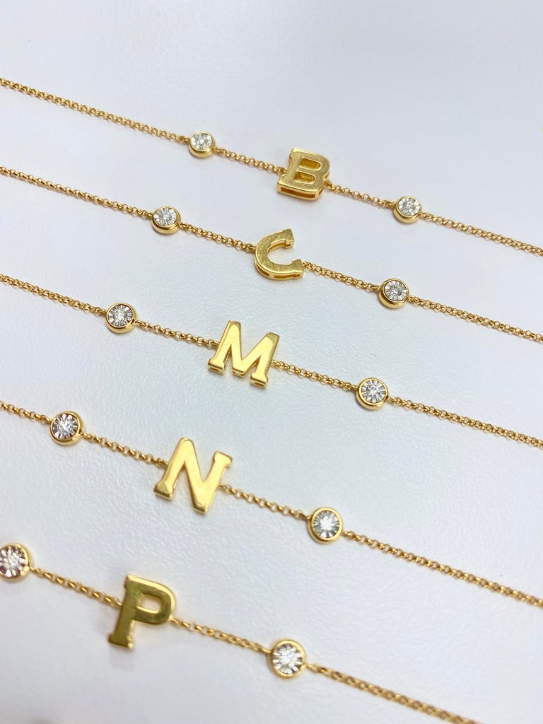 Solid Gold Initial Bracelets with Round Natural Diamonds, Letter ...