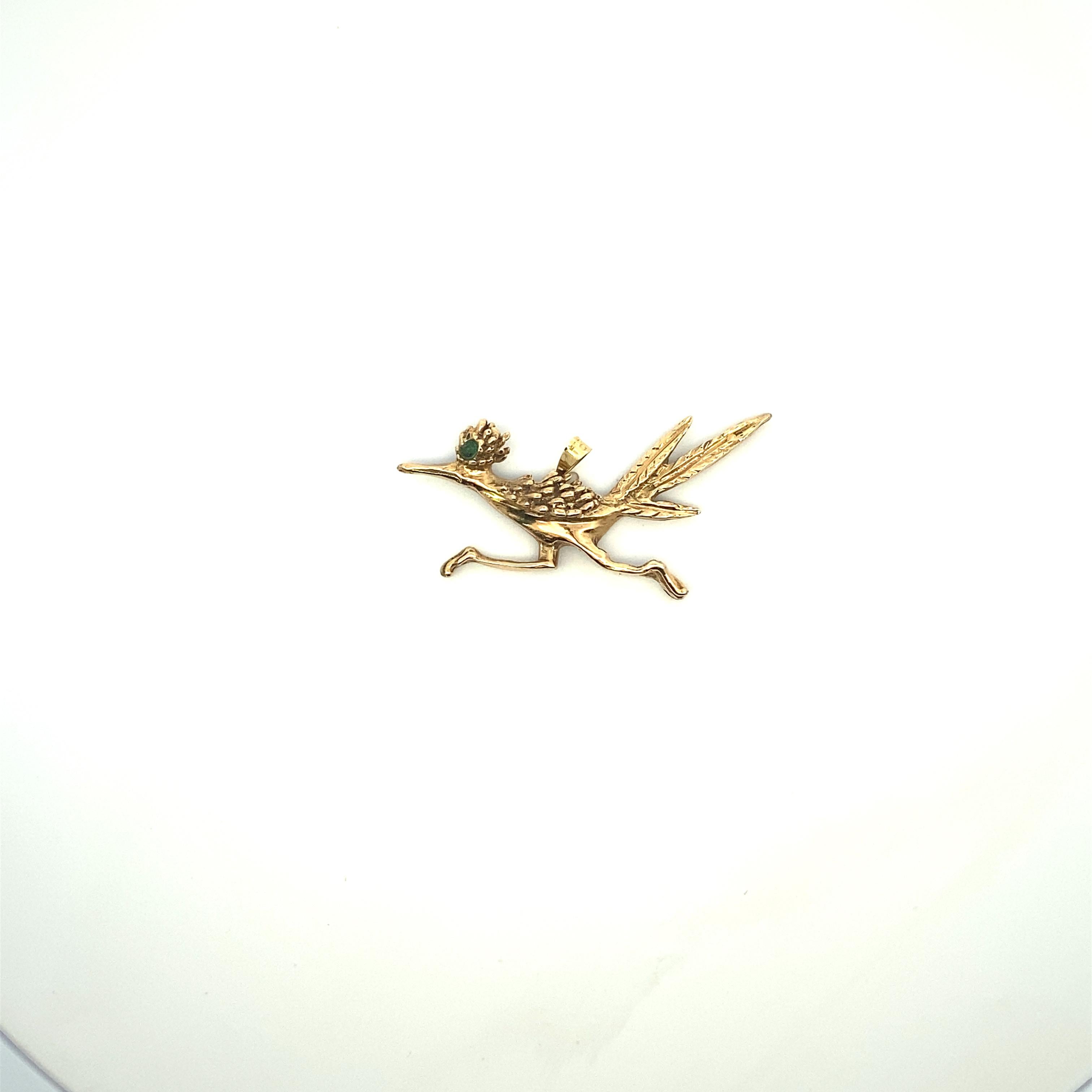 Solid Gold Roadrunner Pendant Charm with Emerald Eye For Sale at 1stDibs