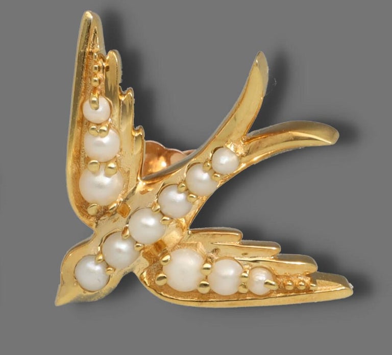 Solid Gold Swallow Bird Single Stud Earrings, 14K Gold Pearl Bird ...