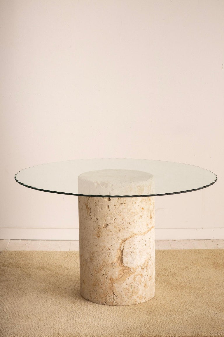 Solid Limestone Monolith Dining Table with Scalloped Edge Glass Top at ...