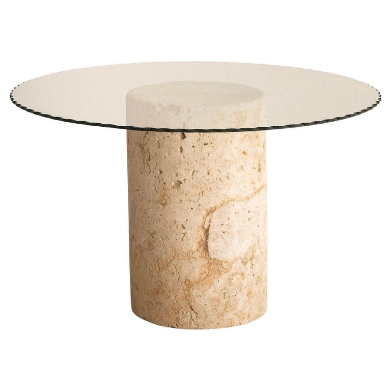 Solid Limestone Monolith Dining Table with Scalloped Edge Glass Top at ...
