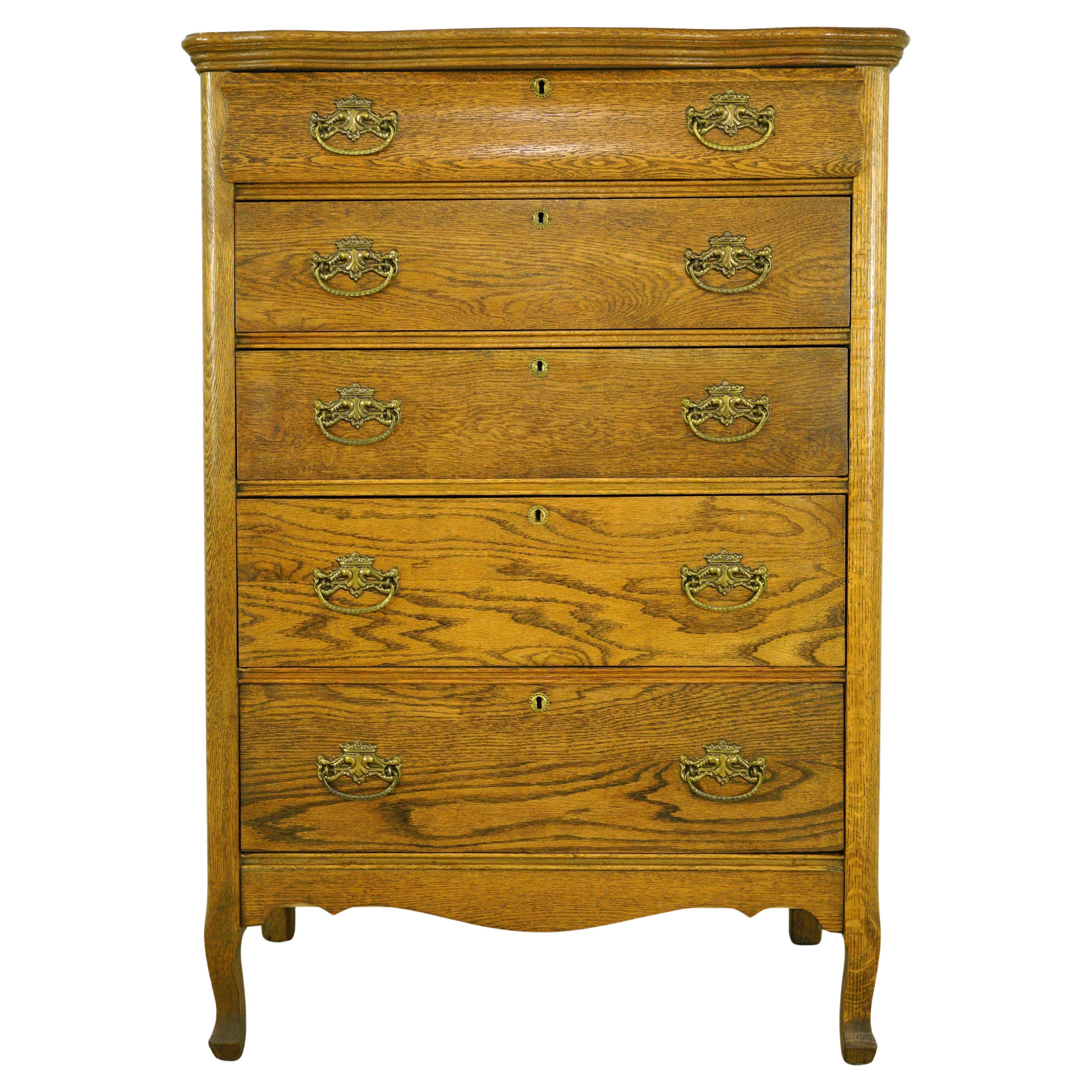 Early 20th C 5 Dovetailed Drawer Oak Highboy Dresser For Sale at 1stDibs