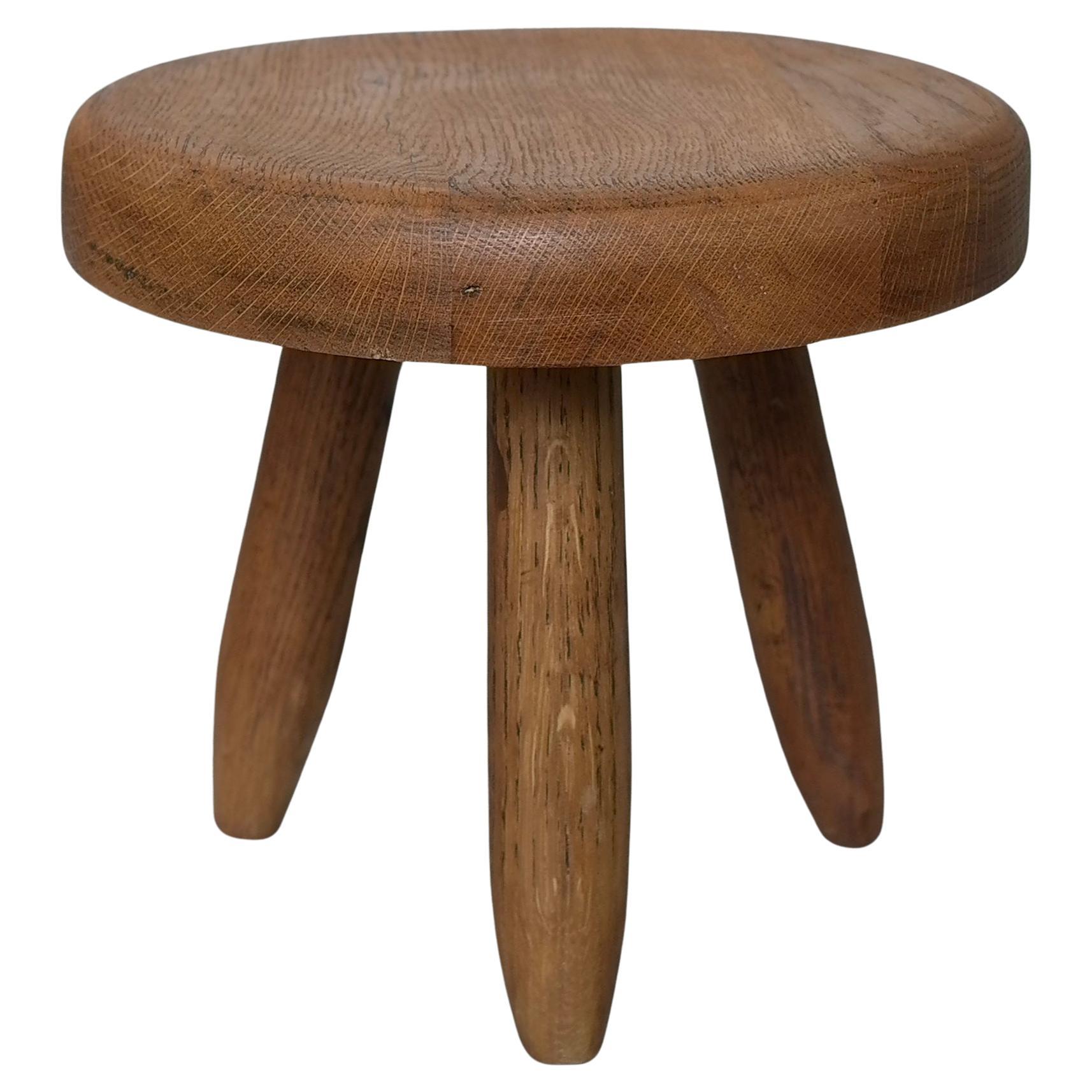 Geometrical Carved Solid Oak Stool, France 1950's at 1stDibs