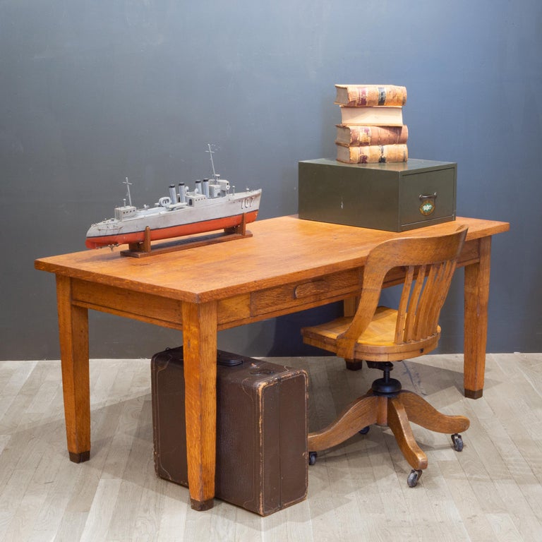 Solid Oak Two-Drawer Desk with Brass Feet, circa 1940 at 1stDibs